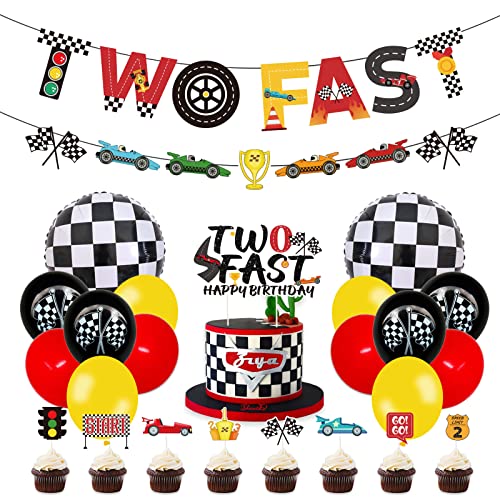 PRATYUS Race Car Two Fast Birthday Decorations for Kids Boys Racing Theme 2nd Party Supplies With Banner, Cake Toppers and Checkered Balloons for Let's go Racing Theme Party