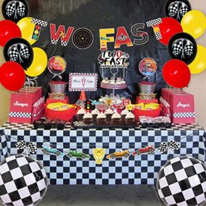 PRATYUS Race Car Two Fast Birthday Decorations for Kids Boys Racing Theme 2nd Party Supplies With Banner, Cake Toppers and Checkered Balloons for Let's go Racing Theme Party