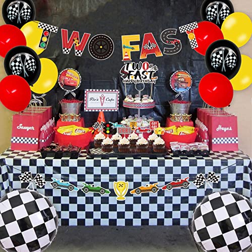 PRATYUS Race Car Two Fast Birthday Decorations for Kids Boys Racing Theme 2nd Party Supplies With Banner, Cake Toppers and Checkered Balloons for Let's go Racing Theme Party