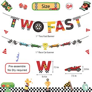 PRATYUS Race Car Two Fast Birthday Decorations for Kids Boys Racing Theme 2nd Party Supplies With Banner, Cake Toppers and Checkered Balloons for Let's go Racing Theme Party