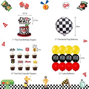 PRATYUS Race Car Two Fast Birthday Decorations for Kids Boys Racing Theme 2nd Party Supplies With Banner, Cake Toppers and Checkered Balloons for Let's go Racing Theme Party