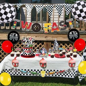 PRATYUS Race Car Two Fast Birthday Decorations for Kids Boys Racing Theme 2nd Party Supplies With Banner, Cake Toppers and Checkered Balloons for Let's go Racing Theme Party