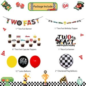 PRATYUS Race Car Two Fast Birthday Decorations for Kids Boys Racing Theme 2nd Party Supplies With Banner, Cake Toppers and Checkered Balloons for Let's go Racing Theme Party