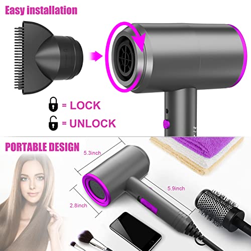 Ionic Hair Dryer, 1800W Professional Blow Dryer (with Powerful AC Motor), Negative Ion Technolog, 3 Heating/2 Speed/Cold Settings, Contain 2 Nozzles and 1 Diffuser, for Home Salon Travel Woman Kids