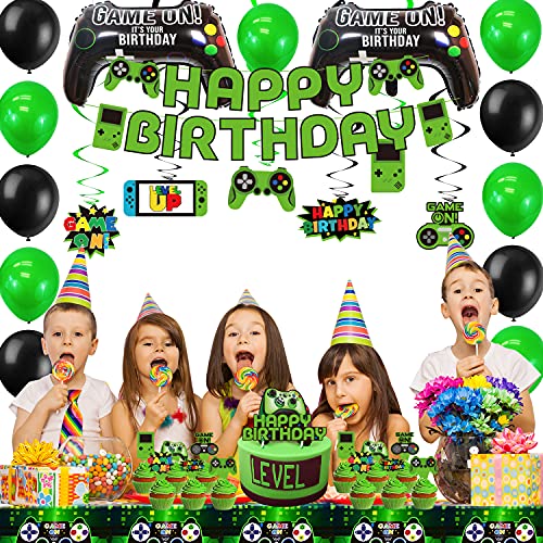 Green Video Game Party Supplies - 201Pcs Gamer Gaming Party Decoration For Boys Birthday Party - Table Cover, Plates, Cups, Napkins, Utensils, Hanging Swirls, Birthday Banner, Cupcake, Topper Cake Topper & Balloons Serves 16 Guests