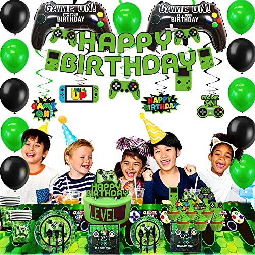 Green Video Game Party Supplies - 201Pcs Gamer Gaming Party Decoration For Boys Birthday Party - Table Cover, Plates, Cups, Napkins, Utensils, Hanging Swirls, Birthday Banner, Cupcake, Topper Cake Topper & Balloons Serves 16 Guests