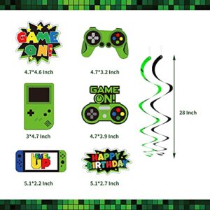 Green Video Game Party Supplies - 201Pcs Gamer Gaming Party Decoration For Boys Birthday Party - Table Cover, Plates, Cups, Napkins, Utensils, Hanging Swirls, Birthday Banner, Cupcake, Topper Cake Topper & Balloons Serves 16 Guests