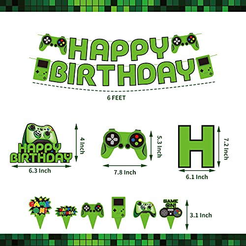 Green Video Game Party Supplies - 201Pcs Gamer Gaming Party Decoration For Boys Birthday Party - Table Cover, Plates, Cups, Napkins, Utensils, Hanging Swirls, Birthday Banner, Cupcake, Topper Cake Topper & Balloons Serves 16 Guests