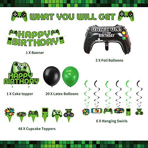 Green Video Game Party Supplies - 201Pcs Gamer Gaming Party Decoration For Boys Birthday Party - Table Cover, Plates, Cups, Napkins, Utensils, Hanging Swirls, Birthday Banner, Cupcake, Topper Cake Topper & Balloons Serves 16 Guests