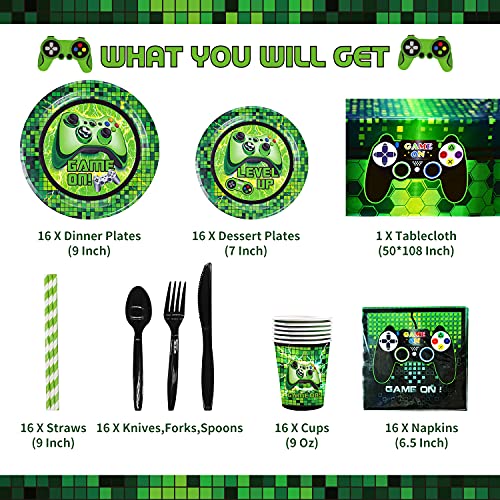 Green Video Game Party Supplies - 201Pcs Gamer Gaming Party Decoration For Boys Birthday Party - Table Cover, Plates, Cups, Napkins, Utensils, Hanging Swirls, Birthday Banner, Cupcake, Topper Cake Topper & Balloons Serves 16 Guests