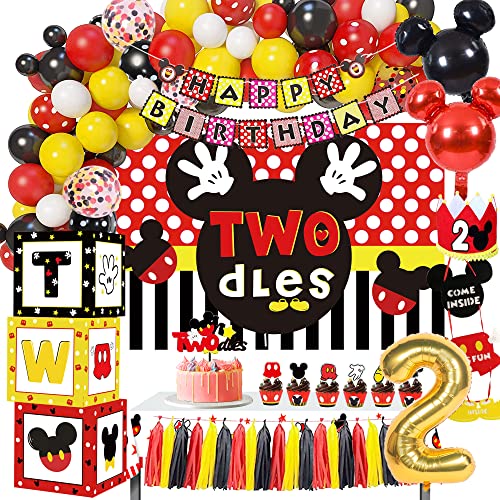 GREPARPY Mickey 2nd Birthday Party Supplies - Mickey Theme Oh Twodles Birthday Decorations Boy Include Backdrop, Balloon Garland Arch, Balloon Box, Welcome Hanger, Banner, Crown, Topper, Tablecloth