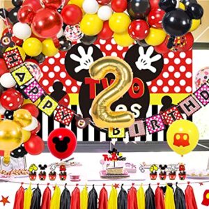 GREPARPY Mickey 2nd Birthday Party Supplies - Mickey Theme Oh Twodles Birthday Decorations Boy Include Backdrop, Balloon Garland Arch, Balloon Box, Welcome Hanger, Banner, Crown, Topper, Tablecloth