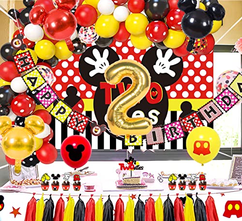 GREPARPY Mickey 2nd Birthday Party Supplies - Mickey Theme Oh Twodles Birthday Decorations Boy Include Backdrop, Balloon Garland Arch, Balloon Box, Welcome Hanger, Banner, Crown, Topper, Tablecloth