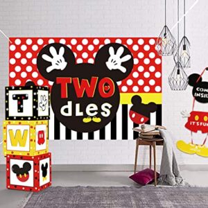 GREPARPY Mickey 2nd Birthday Party Supplies - Mickey Theme Oh Twodles Birthday Decorations Boy Include Backdrop, Balloon Garland Arch, Balloon Box, Welcome Hanger, Banner, Crown, Topper, Tablecloth