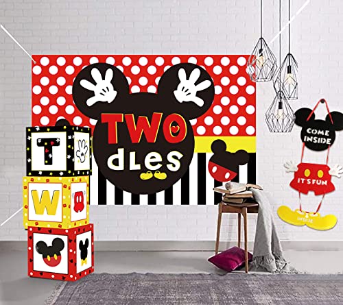 GREPARPY Mickey 2nd Birthday Party Supplies - Mickey Theme Oh Twodles Birthday Decorations Boy Include Backdrop, Balloon Garland Arch, Balloon Box, Welcome Hanger, Banner, Crown, Topper, Tablecloth