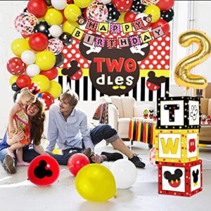 GREPARPY Mickey 2nd Birthday Party Supplies - Mickey Theme Oh Twodles Birthday Decorations Boy Include Backdrop, Balloon Garland Arch, Balloon Box, Welcome Hanger, Banner, Crown, Topper, Tablecloth