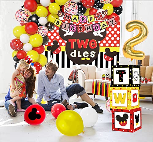 GREPARPY Mickey 2nd Birthday Party Supplies - Mickey Theme Oh Twodles Birthday Decorations Boy Include Backdrop, Balloon Garland Arch, Balloon Box, Welcome Hanger, Banner, Crown, Topper, Tablecloth