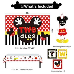 GREPARPY Mickey 2nd Birthday Party Supplies - Mickey Theme Oh Twodles Birthday Decorations Boy Include Backdrop, Balloon Garland Arch, Balloon Box, Welcome Hanger, Banner, Crown, Topper, Tablecloth