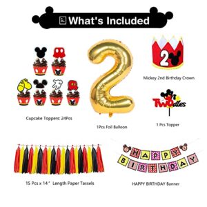 GREPARPY Mickey 2nd Birthday Party Supplies - Mickey Theme Oh Twodles Birthday Decorations Boy Include Backdrop, Balloon Garland Arch, Balloon Box, Welcome Hanger, Banner, Crown, Topper, Tablecloth