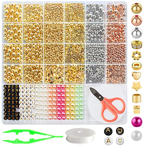 Redtwo 2400pcs Gold Beads for Jewelry Making, Spacer Beads Set with Gold Letter Beads and Elastic Strings, Bracelet Making Kit for Girls 8-12 Gifts