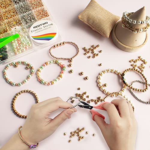 Redtwo 2400pcs Gold Beads for Jewelry Making, Spacer Beads Set with Gold Letter Beads and Elastic Strings, Bracelet Making Kit for Girls 8-12 Gifts