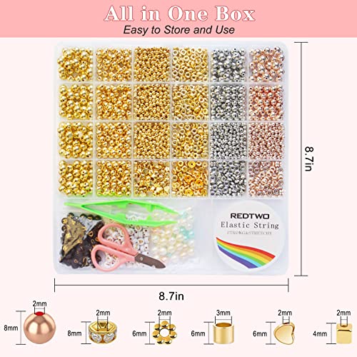 Redtwo 2400pcs Gold Beads for Jewelry Making, Spacer Beads Set with Gold Letter Beads and Elastic Strings, Bracelet Making Kit for Girls 8-12 Gifts