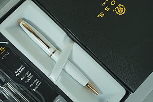 A.T. Cross Pearlescent Lightening White Medalist and 23KT Rose Gold Appointments and Cross signature mid Band Calaise Ballpoint Pen and two Bonus refills A Gift Pen for Anyone and Any Occasion