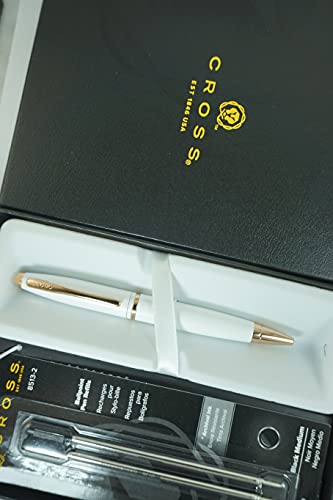 A.T. Cross Pearlescent Lightening White Medalist and 23KT Rose Gold Appointments and Cross signature mid Band Calaise Ballpoint Pen and two Bonus refills A Gift Pen for Anyone and Any Occasion