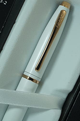 A.T. Cross Pearlescent Lightening White Medalist and 23KT Rose Gold Appointments and Cross signature mid Band Calaise Ballpoint Pen and two Bonus refills A Gift Pen for Anyone and Any Occasion