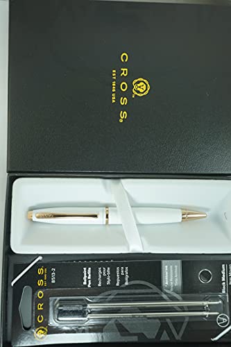 A.T. Cross Pearlescent Lightening White Medalist and 23KT Rose Gold Appointments and Cross signature mid Band Calaise Ballpoint Pen and two Bonus refills A Gift Pen for Anyone and Any Occasion