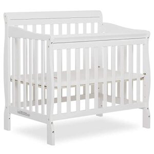 dream on me aden 4-in-1 convertible mini crib in white, greenguard gold certified, non-toxic finish, new zealand pinewood, with 3 mattress height settings