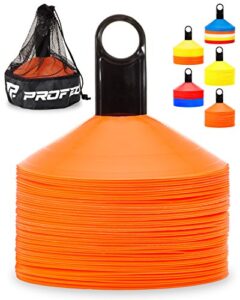 pro disc cones (set of 50) - agility soccer cones with carry bag and holder for sports training, football, basketball, coaching, practice equipment, kids - includes 15 best drills book (bright orange)