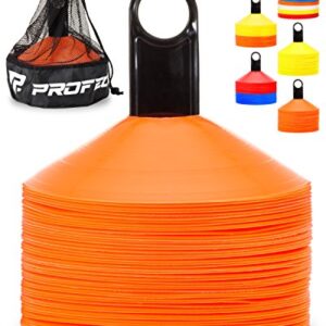 Pro Disc Cones (Set of 50) - Agility Soccer Cones with Carry Bag and Holder for Sports Training, Football, Basketball, Coaching, Practice Equipment, Kids - Includes 15 Best Drills Book (Bright Orange)