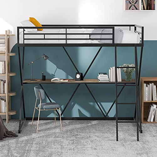 KARHIBLY Twin Size Loft Bed with Desk, Heavy-Duty Loft Bed X-Shaped Frame with Ladder and Full-Length Guardrails for Teens & Adults, No Box Spring Needed, Black