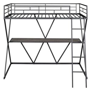 KARHIBLY Twin Size Loft Bed with Desk, Heavy-Duty Loft Bed X-Shaped Frame with Ladder and Full-Length Guardrails for Teens & Adults, No Box Spring Needed, Black