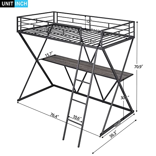 KARHIBLY Twin Size Loft Bed with Desk, Heavy-Duty Loft Bed X-Shaped Frame with Ladder and Full-Length Guardrails for Teens & Adults, No Box Spring Needed, Black