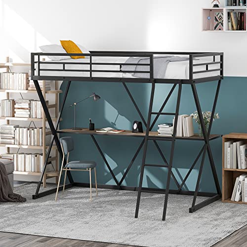 KARHIBLY Twin Size Loft Bed with Desk, Heavy-Duty Loft Bed X-Shaped Frame with Ladder and Full-Length Guardrails for Teens & Adults, No Box Spring Needed, Black