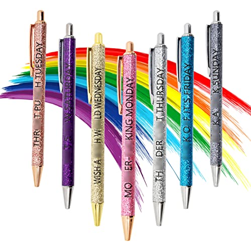 MASEBOR 7pcs Funny Pens with Sayings Glitter Days of The Week Pens Daily Work Office Ballpoint Pen Set Describing Mentality for Adults Bling 7 Day Week Pen Funny Office Gifts