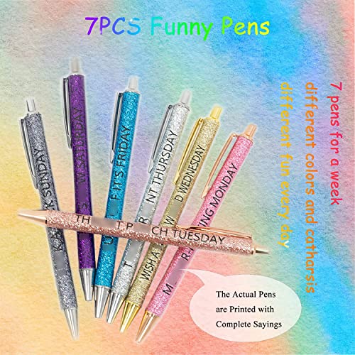 MASEBOR 7pcs Funny Pens with Sayings Glitter Days of The Week Pens Daily Work Office Ballpoint Pen Set Describing Mentality for Adults Bling 7 Day Week Pen Funny Office Gifts