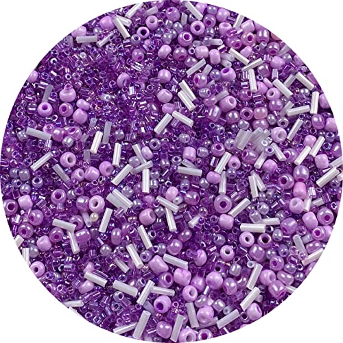 90g Mix Glass Seed Beads Tube Beads Bugle Beads,3000pcs Glass Bulk Spacer Beads Multi Size 1.5-4.5mm Glass Beads Kit for Jewelry Making DIY Craft Bracelets Necklace Earring Making (Purple Series)