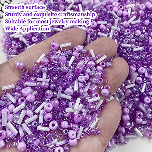 90g Mix Glass Seed Beads Tube Beads Bugle Beads,3000pcs Glass Bulk Spacer Beads Multi Size 1.5-4.5mm Glass Beads Kit for Jewelry Making DIY Craft Bracelets Necklace Earring Making (Purple Series)