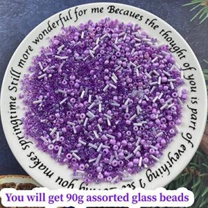 90g Mix Glass Seed Beads Tube Beads Bugle Beads,3000pcs Glass Bulk Spacer Beads Multi Size 1.5-4.5mm Glass Beads Kit for Jewelry Making DIY Craft Bracelets Necklace Earring Making (Purple Series)