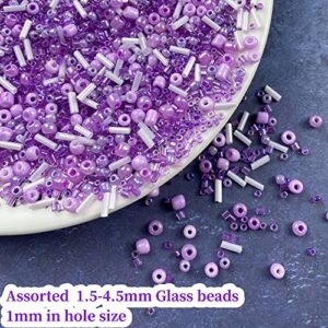 90g Mix Glass Seed Beads Tube Beads Bugle Beads,3000pcs Glass Bulk Spacer Beads Multi Size 1.5-4.5mm Glass Beads Kit for Jewelry Making DIY Craft Bracelets Necklace Earring Making (Purple Series)