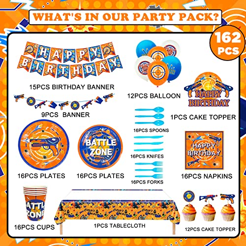 Dart War Party Supplies,162pcs Dart War Birthday Decorations Tableware Set - Dart War Party Plates Cups Napkins Tablecloth&Dart War Balloons Banner Cake Topper etc Gun Party Supplies for Boys Birthday