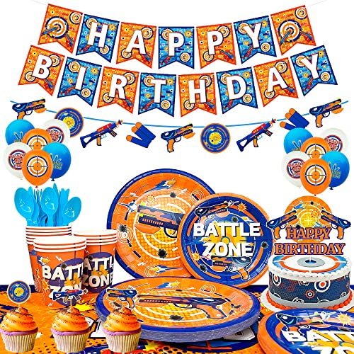 Dart War Party Supplies,162pcs Dart War Birthday Decorations Tableware Set - Dart War Party Plates Cups Napkins Tablecloth&Dart War Balloons Banner Cake Topper etc Gun Party Supplies for Boys Birthday