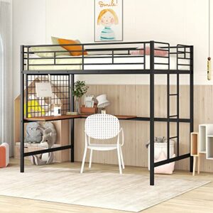 ochangqi metal full size loft bed with desk and metal grid, loft bed frame with ladder and full-length guardrail for kids boys girls teens, noise free (black)