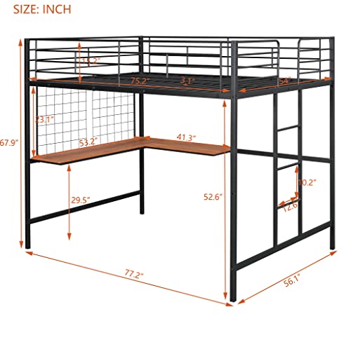 Ochangqi Metal Full Size Loft Bed with Desk and Metal Grid, Loft Bed Frame with Ladder and Full-Length Guardrail for Kids Boys Girls Teens, Noise Free (Black)