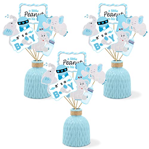 LEBERY 24pcs Blue Elephant Centerpiece Sticks Baby Boy It's A Boy Table Centerpieces Decorations Blue Little Peanut Cutouts for Blue Elephant Theme Boy Baby Shower Birthday Party Supplies