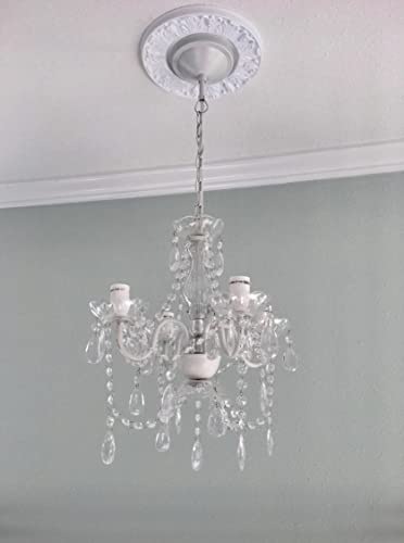 gypsy color The Original 4 Light Crystal White Hardwire Flush Mount Chandelier H17.5”xW15”, White Metal Frame with Clear Glass Stem and Clear Acrylic Crystals & Beads That Sparkle Just Like Glass