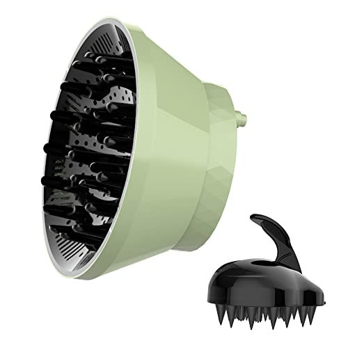 Universal Hair Diffuser Portable Hair Dryer Attachment for Blow Dryer Nozzles from 1.5 to 3.0 inch Diameter with Shampoo Brush (Green)